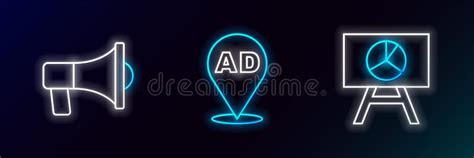 Set Line Board With Graph Chart Megaphone And Advertising Icon Glowing Neon Vector Stock