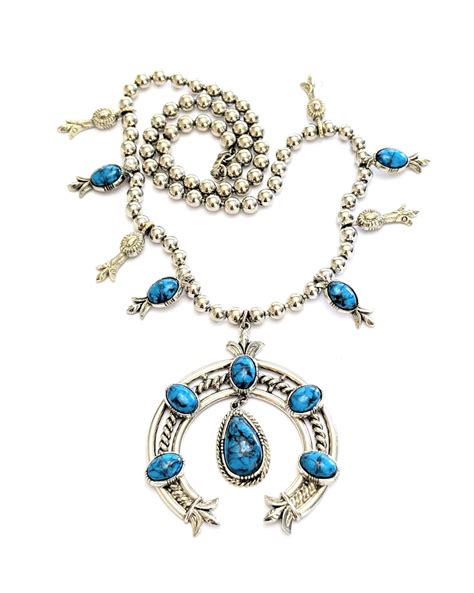 Signed Art Faux Turquoise Silver Tone Squash Blossom Pendant Necklace