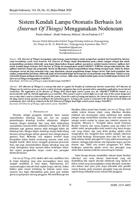 Pdf Sistem Kendali Lampu Otomatis Berbasis Iot Internet Of Things Menggunakan Node Mcu