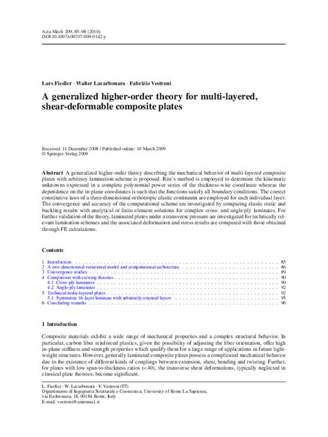 Pdf A Generalized Higher Order Theory For Multi Layered Shear Deformable Composite Plates