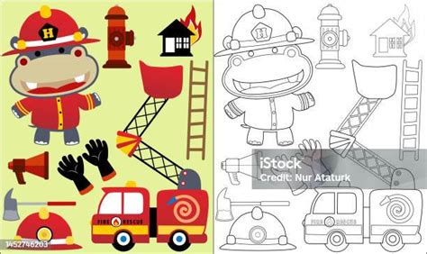 색칠하기 책 또는 하마 만화의 페이지 화재 구조 장비를 가진 소방관 색칠하기에 대한 스톡 벡터 아트 및 기타 이미지 색칠하기 소방 호스 계단 Istock