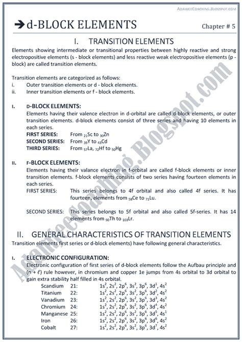 Adamjee Coaching XII Chemistry Notes D Block Elements