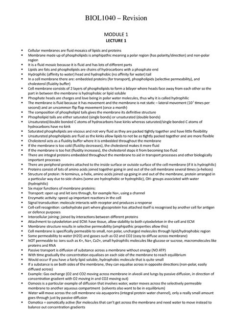 Lecture Notes Module 1 5 Biol1040 Revision Module 1 Lecture 1 Cellular Membranes Are Fluid
