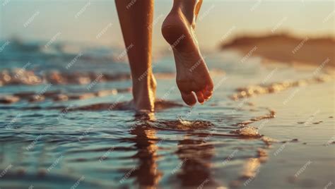 Walking Barefoot On The Beach At Sunset Premium Ai Generated Image