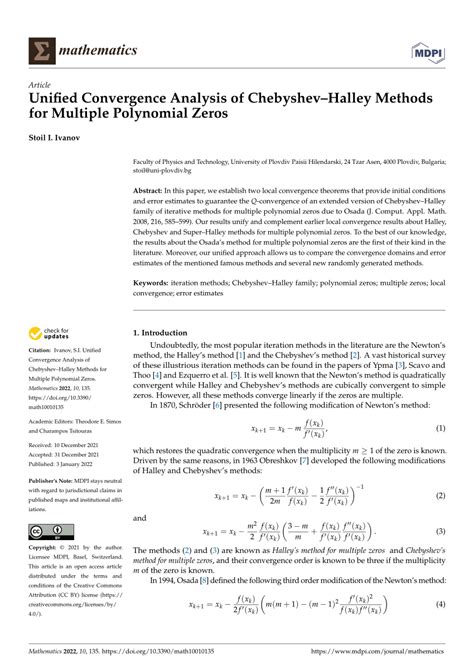 Pdf Unified Convergence Analysis Of Chebyshev Halley Methods For