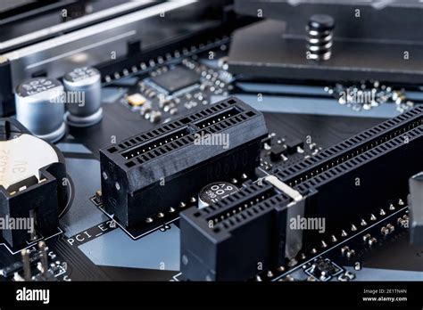 Pci E Expansion Slot On A Modern Black Motherboard Computer Mainboard Circuit Components