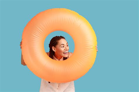 Excited Woman Looks Through Swimming Hole Away Has Toothy Smile Spends