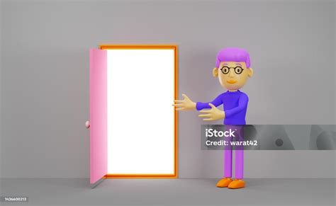 캐릭터 만화 남자는 회색 벽 방 모형 템플릿 개념 3d 렌더링에 많은 빛을 가진 문을 엽니다 3차원 형태에 대한 스톡 사진 및