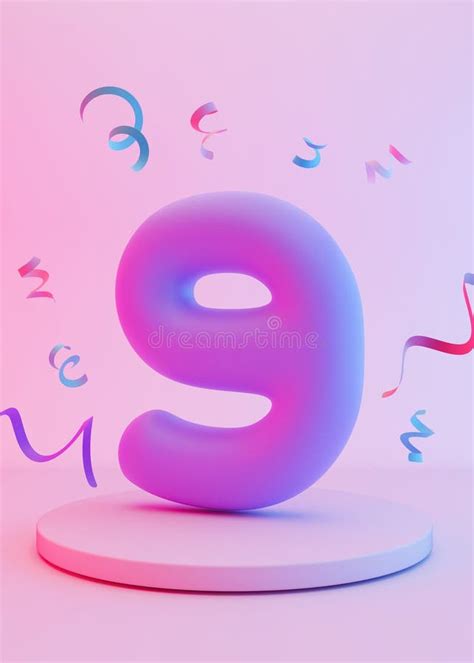 Violet Vibrant Number Nine On Pink Background With Confetti Symbol 9