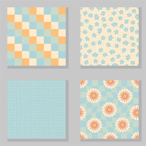 Daisy Flowers Trippy Grid Wavy Checkerboard Seamless Pattern Set