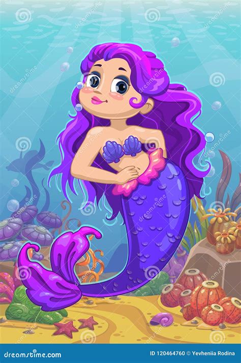 Русалка милого шаржа маленькая с фиолетовыми волосами Иллюстрация вектора иллюстрации
