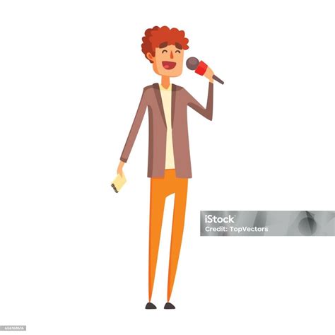 기자회견에 질문하는 컬리 기자 공식 언론 기자 작업 정보 수집 및 뉴스 만들기 저널리즘 일러스트 세트의 일부 곱슬 머리에 대한