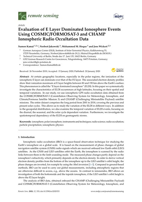 Pdf Evaluation Of E Layer Dominated Ionosphere Events Using Cosmicformosat 3 And Champ