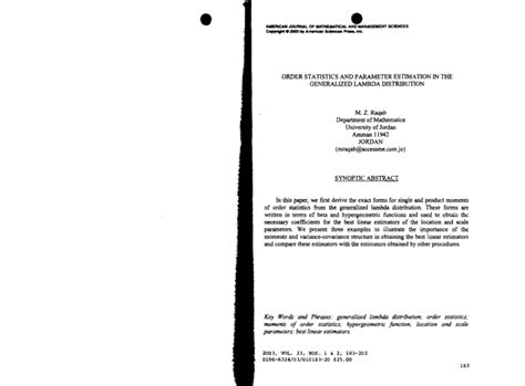 Pdf Order Statistics And Parameter Estimation In The Generalized Lambda Distribution