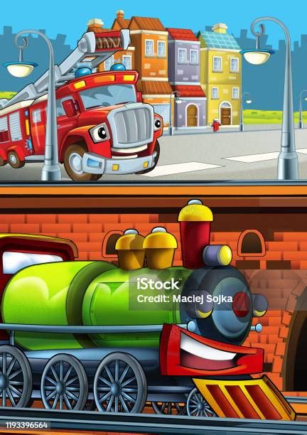 도시와 소방관 트럭 자동차 운전 근처 기차역에서 만화 재미 찾고 기차 건축물에 대한 스톡 벡터 아트 및 기타 이미지 건축물 교외 교통수단 Istock