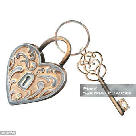 수채화 오래 된 하트 모양의 자물쇠 와 열쇠 반지 골동품 금속 물체의 템플릿 복고풍 그림입니다 손으로 그린 고립 된 그림 카드 인쇄 포장 및 직물 스티커 만들기 0명에 대한