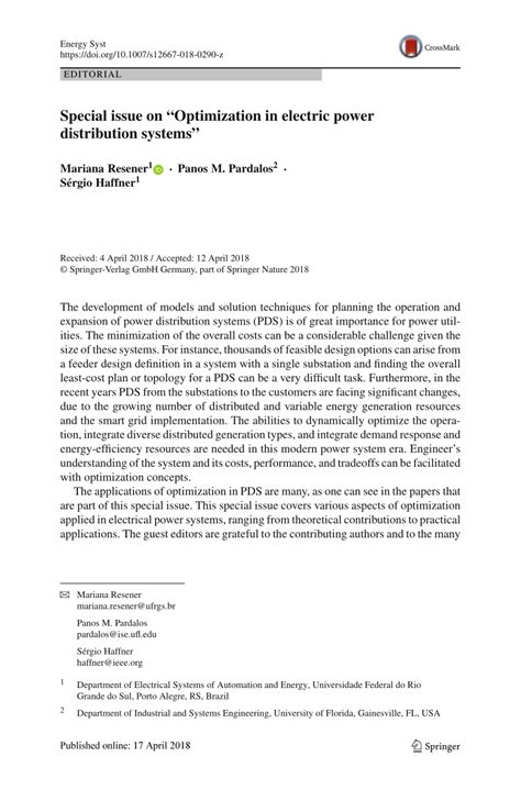 Pdf Special Issue On “optimization In Electric Power Distribution Systems”