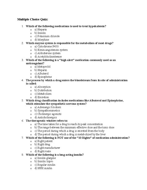 Pharm Mid Term Review Multiple Choice Quiz 1 Which Of The Following Medications Is Used To