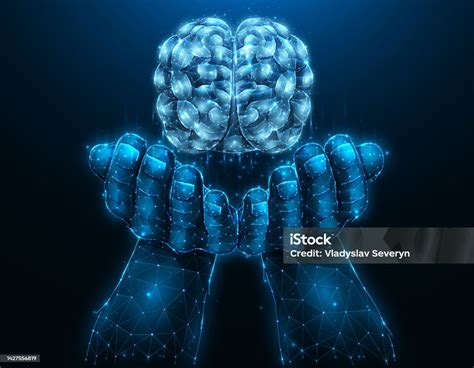 손바닥에 인간의 두뇌의 다각형 벡터 일러스트레이션 상상력 지식 또는 사고 개념 예술 신경계 의료 배너 템플릿 또는 배경 사람 뇌에 대한 스톡 벡터 아트 및 기타 이미지