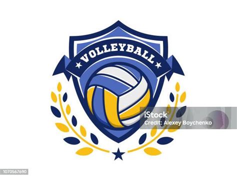 배구 상징 아이콘 배구 공과 밝은 배경에 방패와 템플릿 디자인 Championship에 대한 스톡 벡터 아트 및 기타 이미지 Championship 경기 스포츠 경쟁
