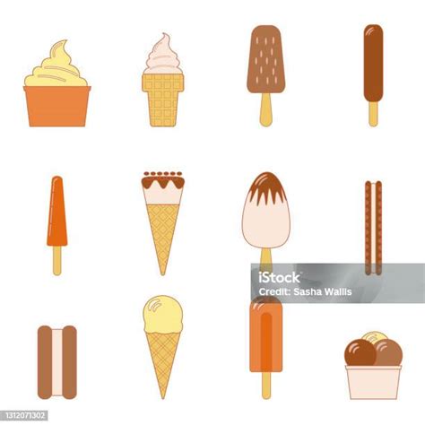 냉동 요구르트 젤라토 소프트 서브 와플 콘 아이스캔디 등 다양한 종류의 아이스크림 세트의 라인 벡터 일러스트레이션 흰색 배경에