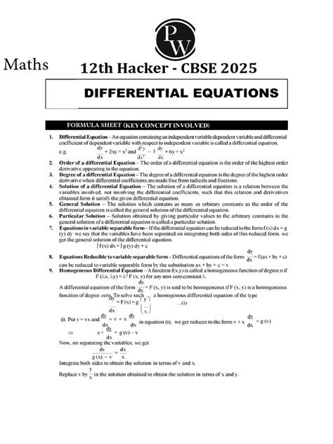 Differential Equations Formula Sheet 12th Hacker Cbse 2025 Pdf