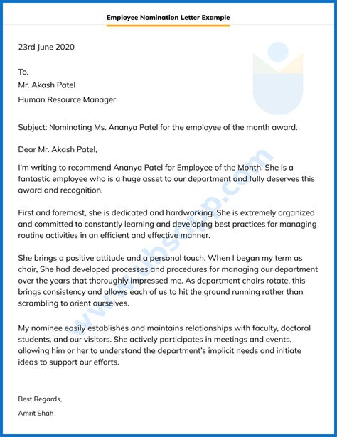 Employee Nomination Letter Format Sample Example And Write A Nomination Letter