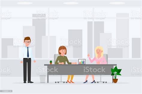 책상에 앉아 회의 토론 사무실 직장 벡터 일러스트에서 결정을 내리는 두 여자 테이블 만화 캐릭터 디자인에서 말하는 남자 조수 서