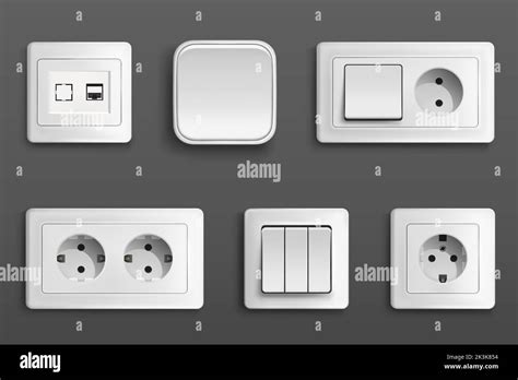 Electric Sockets And Switches On Wall Vector Realistic Set Of 3d Different Types Toggles And