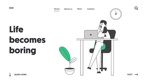 미루기 비즈니스 게으름 웹 사이트 방문 페이지 사무실 책상 웹 페이지 배너에 앉아 직장에서 게으른 사업가 직원 하품을 미루는 만화 플랫 벡터 일러스트 라인 아트 벡터에 대한