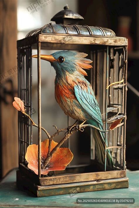 Ai创作图彩鸟 鸟笼 摆件 艺术 装饰 树叶 金属 复古 精致 手工艺 设计 创意 自然 色彩 纹理 昵图网