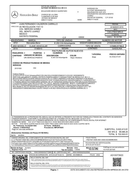 Factura Mercedes Benz Autosat 2015 Pdf Mercedes Benz Vehículo De