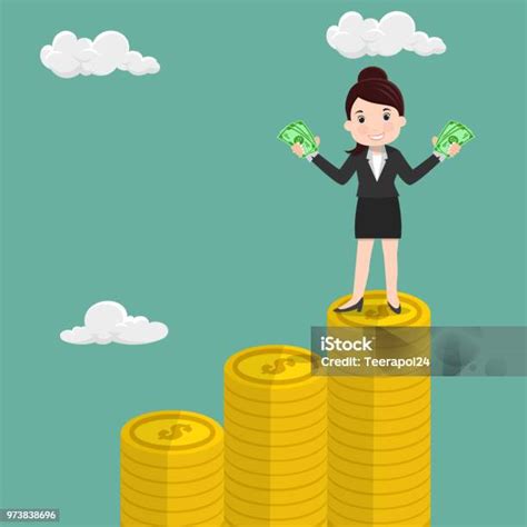 행복 한 비즈니스 여자 서 지주 돈을 동전벡터 일러스트 레이 션의 더미에 3차원 형태에 대한 스톡 벡터 아트 및 기타 이미지 3차원 형태 개념 경영자 Istock