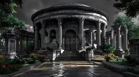Circular Stone Temple With Classical Columns And Intricate Carved Doors Stock Illustration