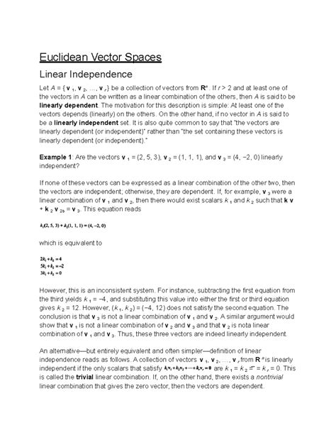 math 2700 euclidean vector spaces euclidean vector spaces linear independence let a { v 1
