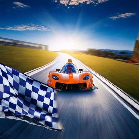 Orange Racing Car And Chequered Flag Orange Racing Car Passing