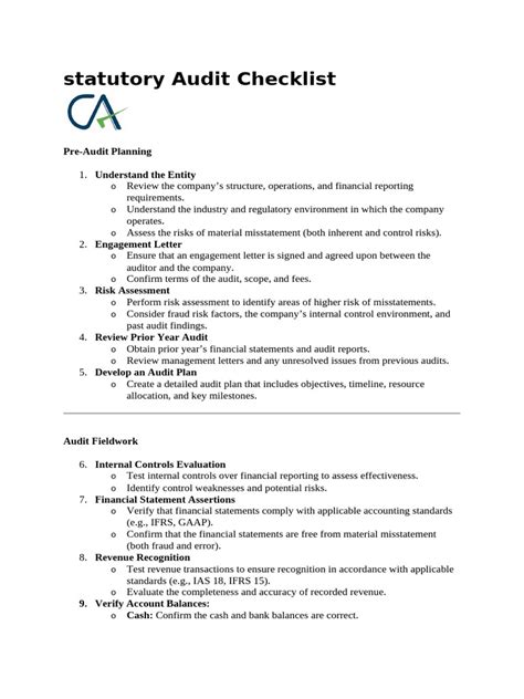 Statutory Audit Checklist Pdf Audit Internal Control