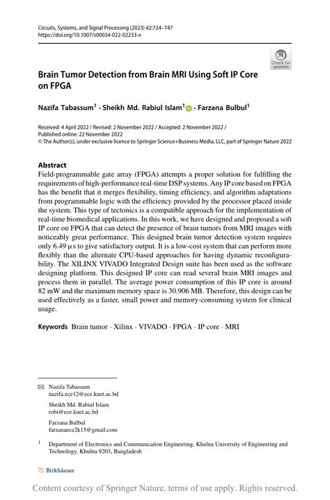 Brain Tumor Detection From Brain Mri Using Soft Ip Core On Fpga Request Pdf