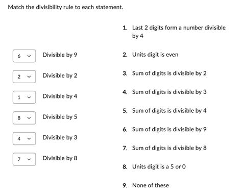 solved match the divisibility rule to each statement 6 2 1