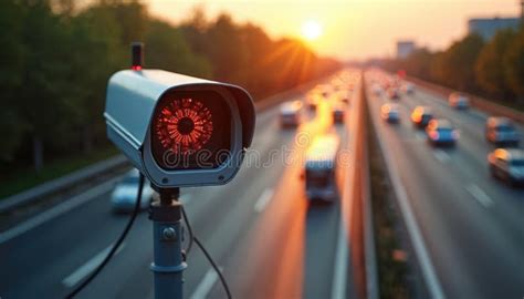 Sunset Photo Of Speed Camera Over Highway Traffic Road Monitoring System Improves Speed