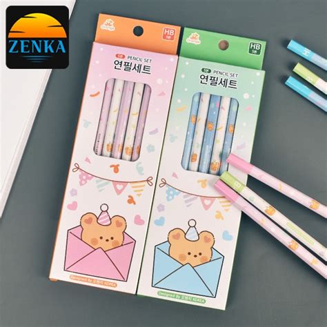 젠카 곰돌이 연필 초등 학생 신학기 선물 나무 육각 Hb 캐릭터 어린이 5본 연필세트 우동방구
