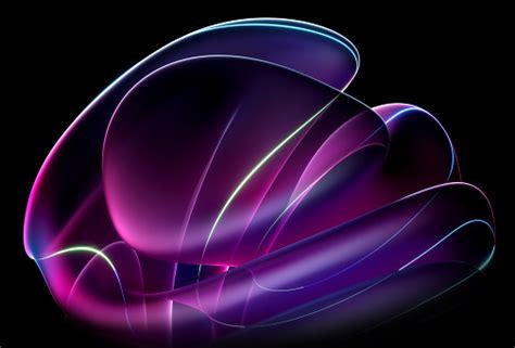 추상 예술의 3d 렌더링 곡선 물결 모양의 우아한 나선형 선으로 초현실적인 외계인 꽃 조각의 일부가 있는 3d 배경은 검은색에 짙은 분홍색과 보라색 그라데이션 색상의 다층