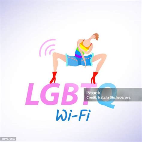 벡터 다채로운 그림 Lgbtq Wifi 텍스트에 앉아 발 뒤꿈치에 유행 게이 남자 플랫 만화 스타일 고립 Lgbt 트랜스젠더 개념 장소 광고 포스터 전단지에 적용됩니다