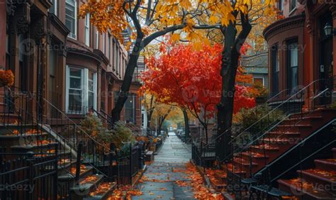 An Autumn Urban Scene With Tree Lined Streets Full Of Vibrant Fall Foliage And Classic