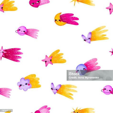 손으로 그린 공간 완벽 한 패턴입니다 천체 혜성 꼬리 패턴이 있는 귀여운 행성 별 Heatrs 어린이 직물 섬유 보육 벽지에 적합합니다 연속무늬에 대한 스톡 벡터 아트 및