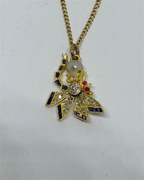 Sapphire Rose Diamond Ruby Dragonfly Insect Necklace Art Nouveau 14