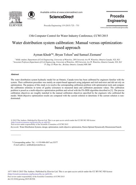 Pdf Water Distribution System Calibration Manual Versus Optimization Based Approach