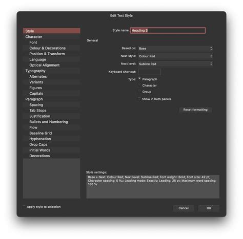 Documentation For The Features In The Edit Text Style Dialogue Pre