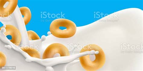 옥수수는 큰 우유 스플래시 광고 전단지 벡터 일러스트 레이 션에에서 반지 시리얼 제품 광고 Broshure 포스터 또는 라벨