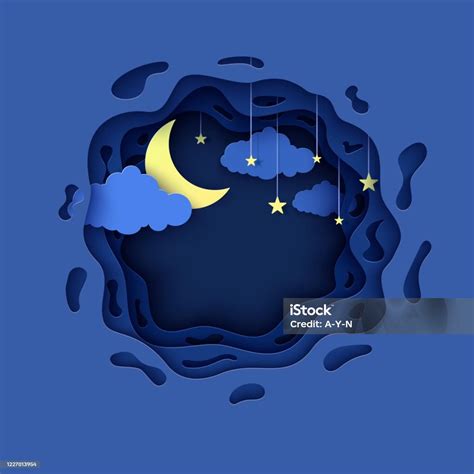 종이 컷 스타일의 둥근 모양의 밤 하늘 로프와 달 종이 컷 예술에 별과 파란색 흐린 풍경 3d 배경입니다 귀여운 종이 접기 구름입니다 소원 좋은 밤 달콤한 꿈을위한 벡터